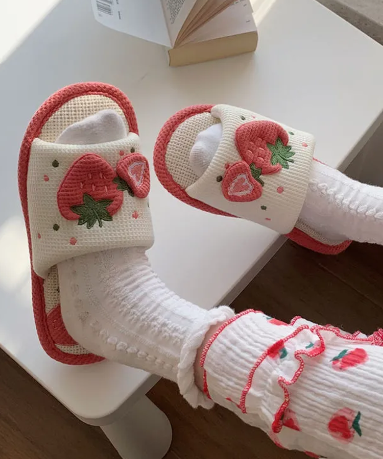 Strawberry Embroidered Slippers– Peanut Butter