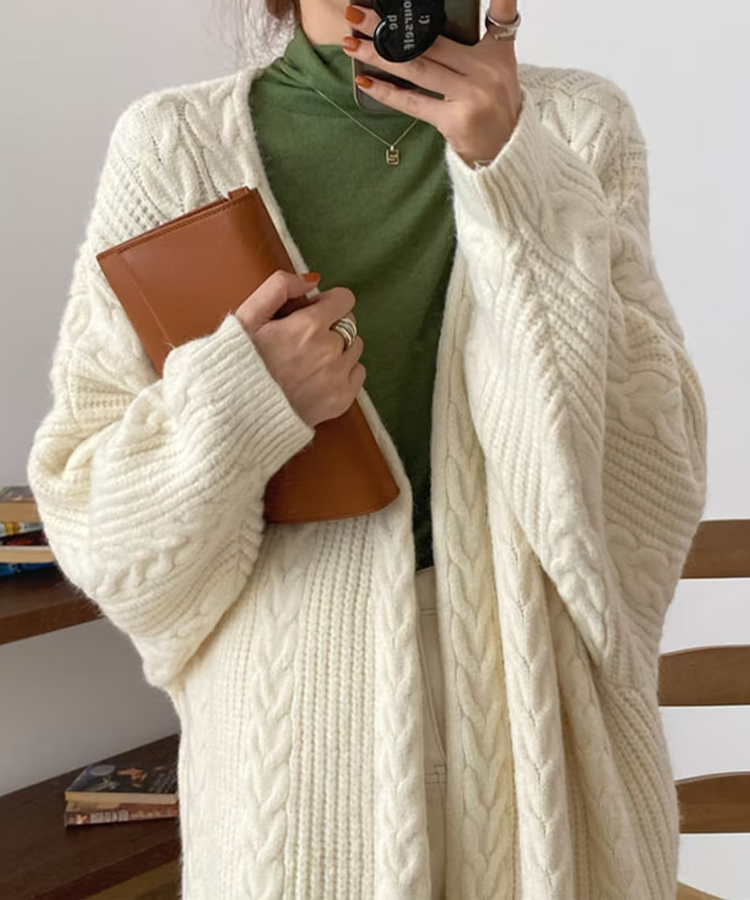 Cozy Cable-Knit Open-Front Cardigan Sweater– Peanut Butter