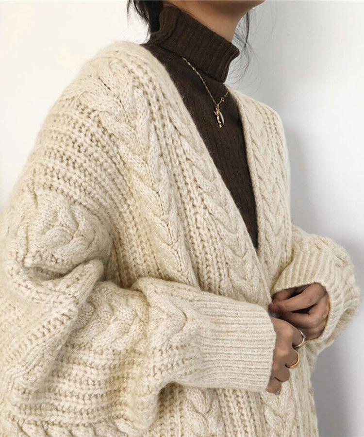 Cozy Cable-Knit Open-Front Cardigan Sweater– Peanut Butter