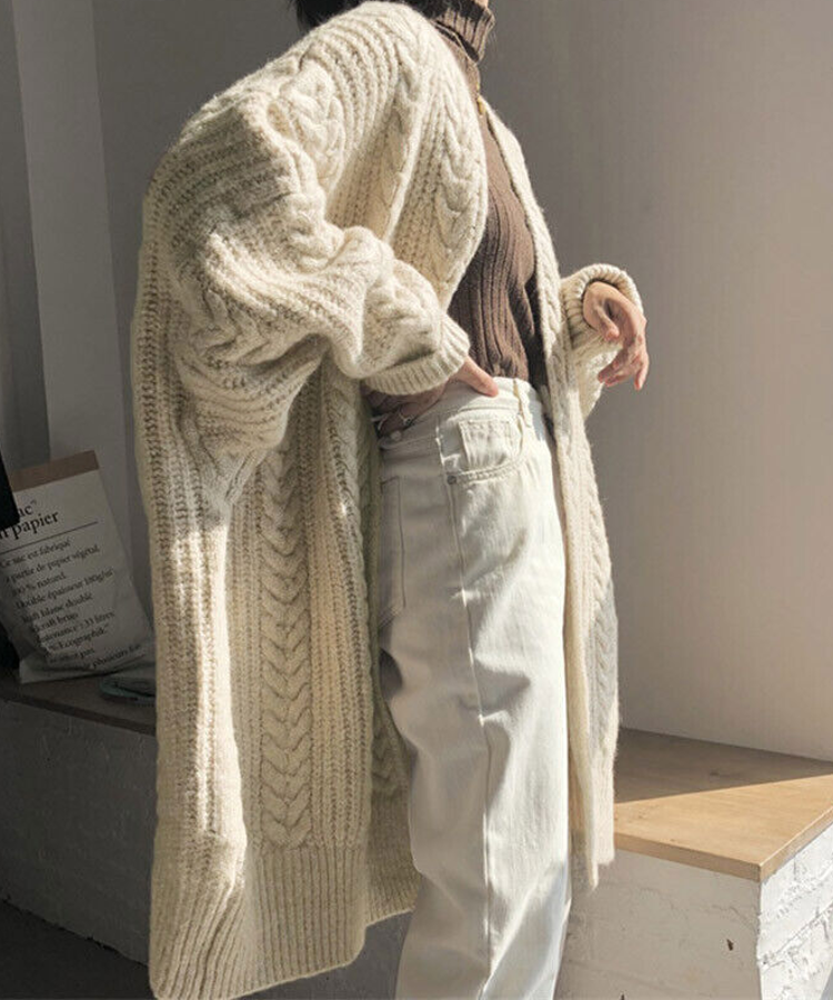 Cozy Cable-Knit Open-Front Cardigan Sweater– Peanut Butter